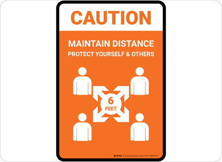 Caution Maintain Distance with Icon Orange Portrait - Floor Sign