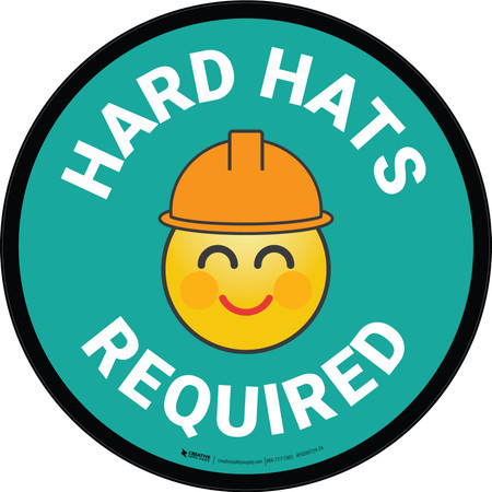 Hard Hats Required with Emoji Green Circular - Floor Sign
