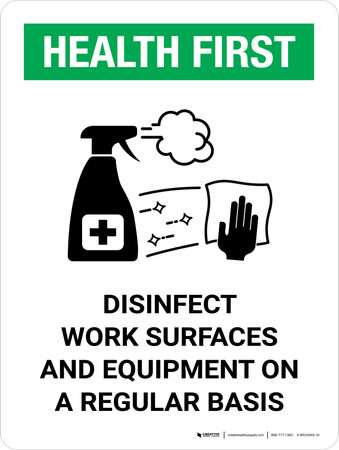 Health First: Disinfect Work Surfaces with Icon Portrait - Wall Sign ...