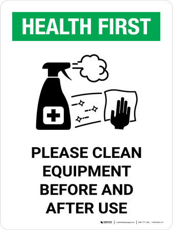 Health First: Please Clean Equipment with Icon Portrait - Wall Sign