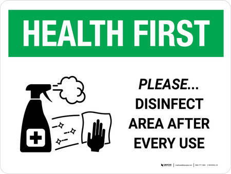 Health First: Please Disinfect Area with Icon Landscape - Wall Sign