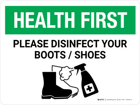 Health First: Please Disinfect Boots/Shoes with Icon Landscape - Wall Sign