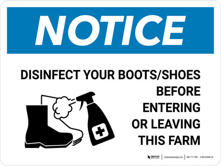 Notice: Disinfect Boots/Shoes Farm with Icon Landscape - Wall Sign