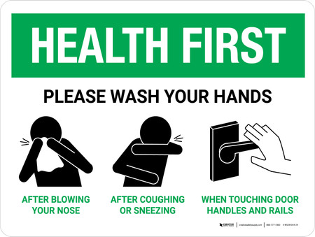 Health First: Please Wash Your Hands with Icons Landscape - Wall Sign