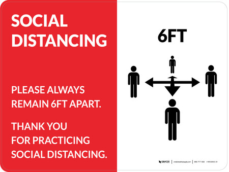 Social Distancing 6Ft with Icon Red Landscape - Wall Sign