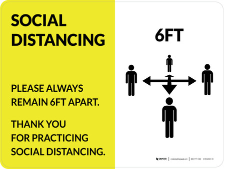 Social Distancing 6Ft with Icon Yellow Landscape - Wall Sign