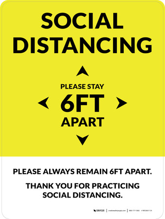 Social Distancing Please Stay 6Ft Apart Yellow Portrait - Wall Sign