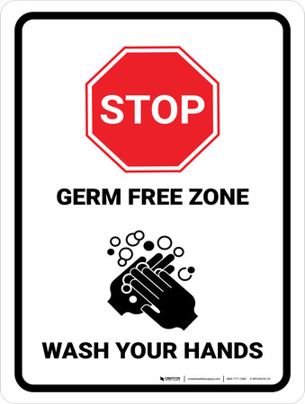 Stop Germ Free Zone Wash Your Hands with Icons Portrait - Wall Sign