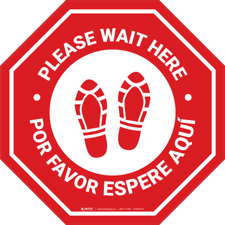 Please Wait Here Bilingual Spanish with Shoe Prints Stop - Floor Sign