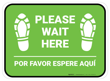 Please Wait Here Bilingual Spanish with Shoe Prints Green Rectangle ...