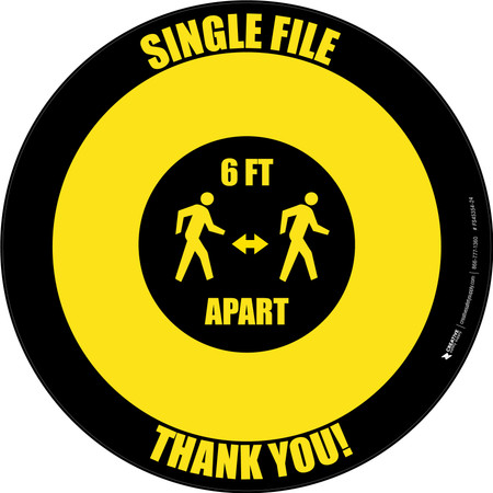 Single File 6 Ft Apart with Icon Yellow/Black Circular - Floor Sign
