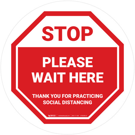 STOP: Please Wait Here Social Distancing STOP Circular - Floor Sign