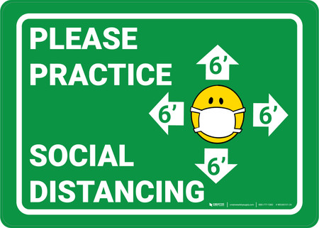 Please Practice Social Distancing Facemask Emojis Green - Wall Sign