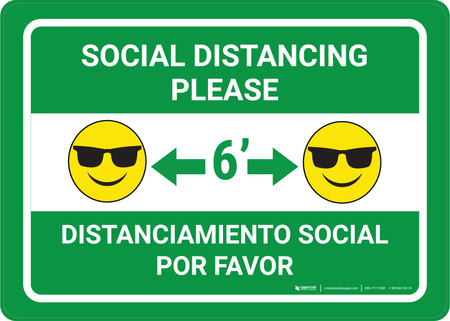 Social Distancing Please Bilingual Spanish with Sunglasses Emoji Green ...