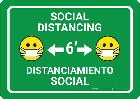 Social Distancing with Facemask Emoji Bilingual Green - Wall Sign