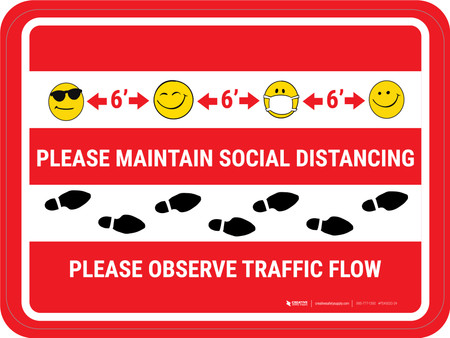 Maintain Distance Observe Flow with Emoji Red - Floor Sign
