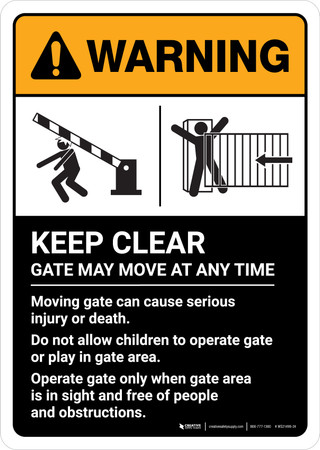 Warning: Keep Clear Gate May Move At Any Time with Icons ANSI Portrait ...