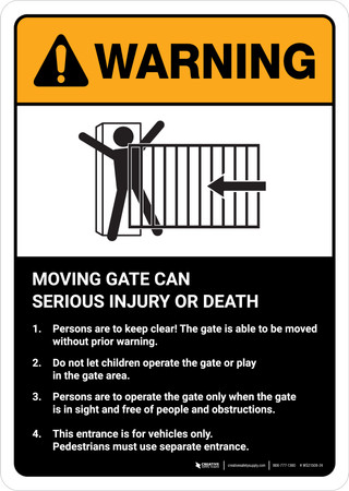 Warning: Moving Gate Can Cause Serious Injury or Death with Icon ANSI ...