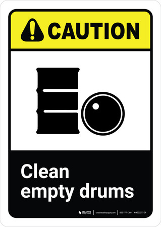 Caution: Clean Empty Drums with Icon ANSI Portrait - Wall Sign