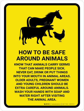 How To Be Safe Around Animals Sign Yellow Portrait - Wall Sign