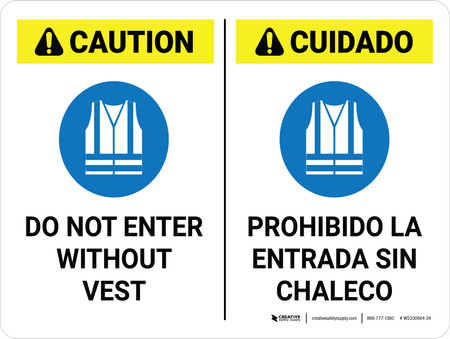 Caution: Do Not Enter Without Vest Bilingual Spanish Landscape - Wall Sign