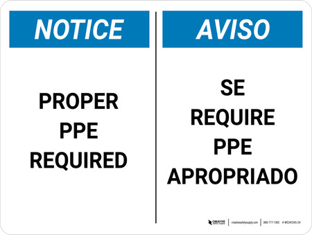Notice: Proper PPE Required Bilingual Spanish Landscape - Wall Sign