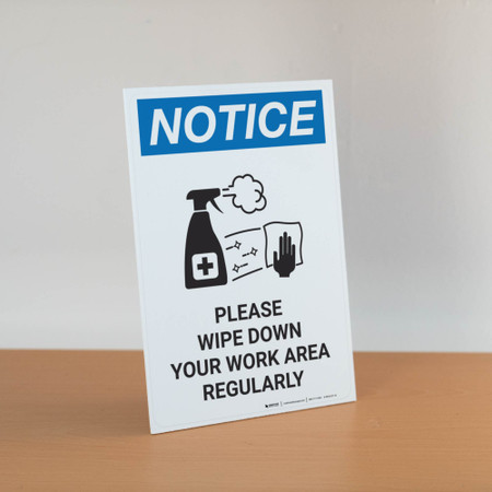Notice: Please Wipe Down Work Area with Icon Portrait - Desktop Sign ...