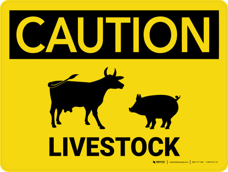 Caution: Livestock with Cow Pig Icons Landscape - Wall Sign