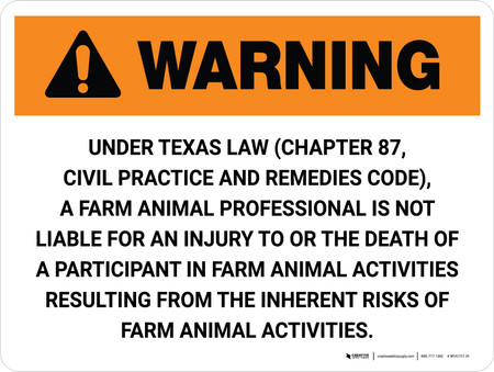 Warning: Texas Farm Animal Professional Is Not Liable Landscape - Wall Sign