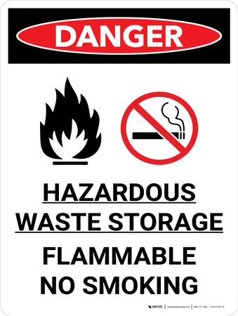 Danger: Hazardous Waste Storage Flammable No Smoking Portrait with Icon ...