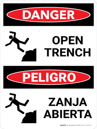 Danger: Open Trench Bilingual Spanish with Icons - Wall Sign
