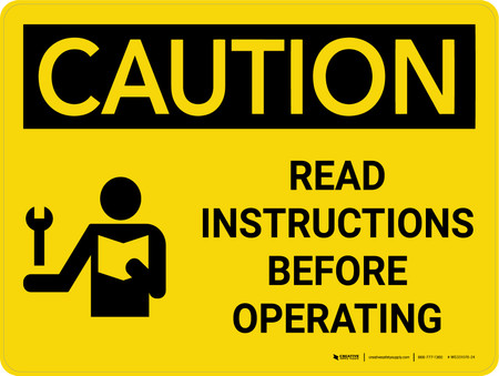 Caution: Read Instructions Before Operating Landscape With Icon - Wall Sign