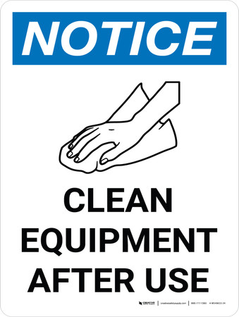 Notice: Clean Equipment After Use Portrait with Icon - Wall Sign
