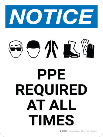 Notice: PPE Required At All Times Portrait with Icon - Wall Sign ...