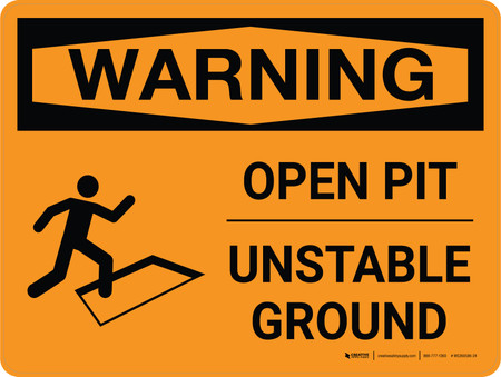 Warning: Open Pit Unstable Ground Landscape With Icon - Wall Sign
