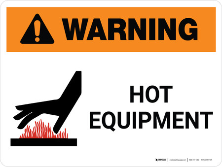 Warning: Hot Equipment Landscape White With Icon - Wall Sign