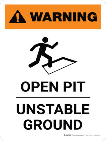 Warning: Open Pit Unstable Ground Portrait White With Icon - Wall Sign
