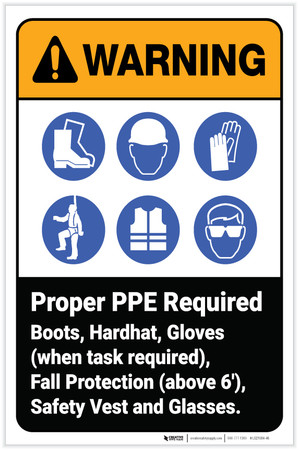 Warning: Proper PPE Required ANSI with Icons Portrait - Label ...