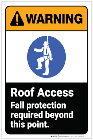 Warning: Roof Access Fall Protection Required ANSI Portrait - Label