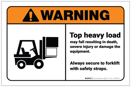 Warning: Top Heavy Load Forklift Safety ANSI with Icon Landscape - Label