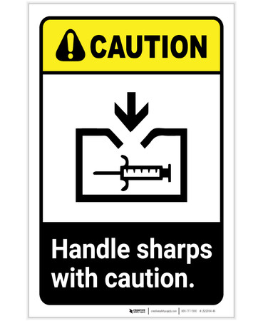 Caution: Handle Sharps with Caution ANSI with Icon Portrait - Label