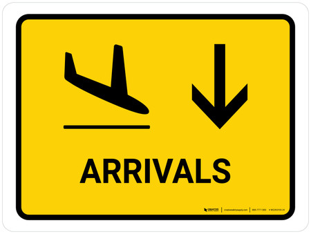 Arrivals With Down Arrow Yellow Landscape - Wall Sign