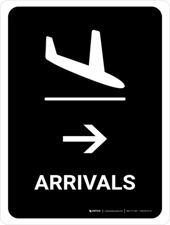 Arrivals With Right Arrow Black Portrait - Wall Sign