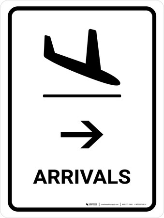 Arrivals With Right Arrow White Portrait - Wall Sign