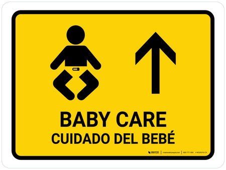 Baby Care With Up Arrow Yellow Bilingual Spanish Landscape - Wall Sign