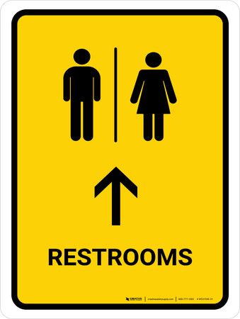 Restrooms With Up Arrow Yellow Portrait - Wall Sign