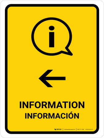 Information With Left Arrow Yellow Bilingual Spanish Portrait - Wall Sign