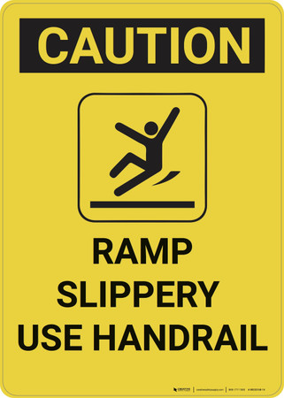 Caution: Ramp Slippery Use Handrail - Wall Sign