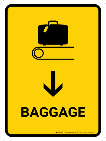 Baggage With Down Arrow Yellow Portrait - Wall Sign