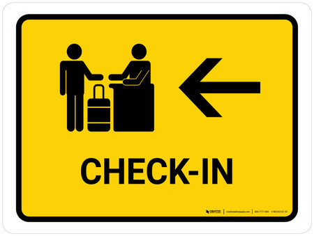 Check In With Left Arrow Yellow Landscape - Wall Sign